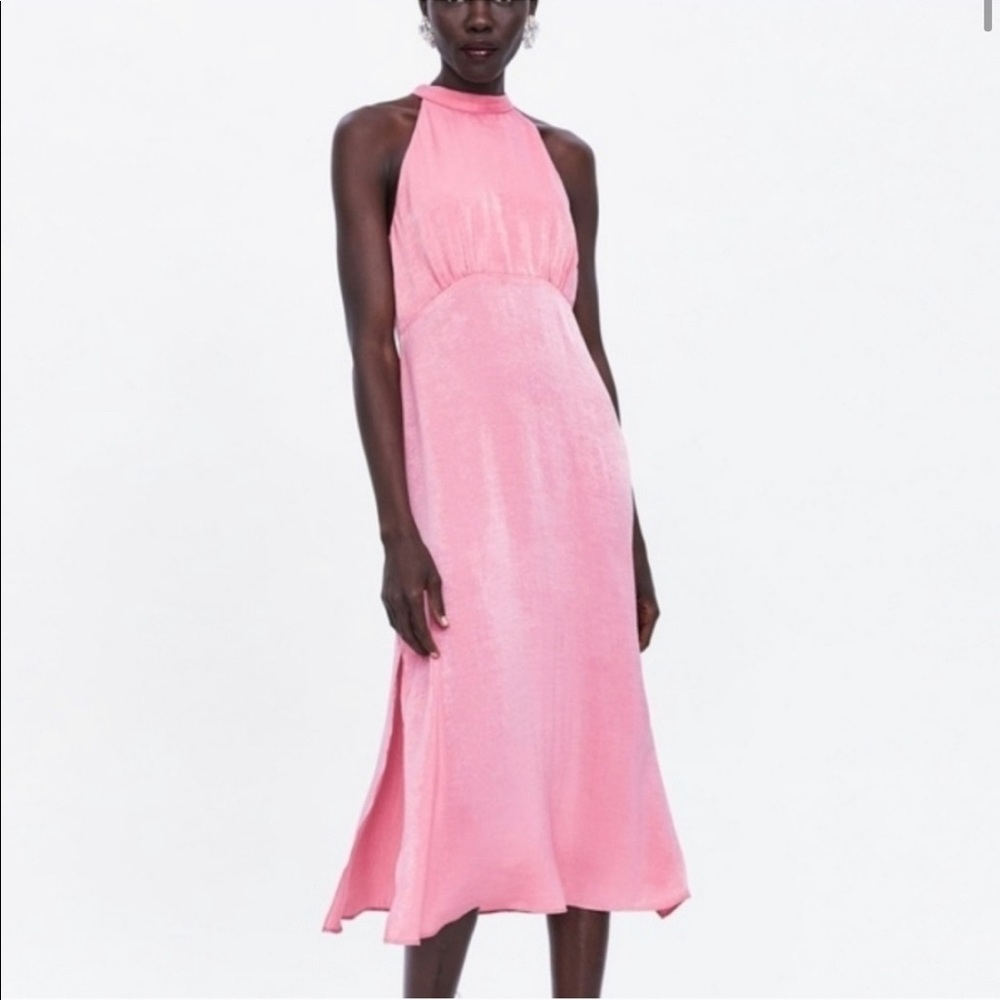 Zara Halter Pink Satin Midi Dress - Gem